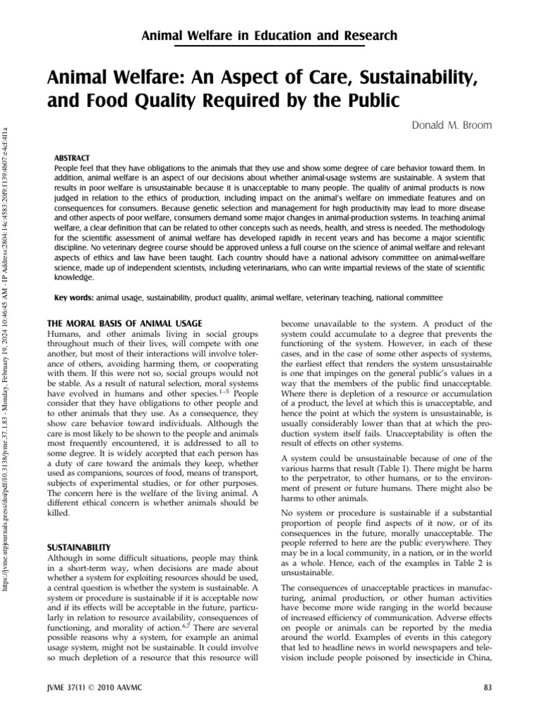Broom 2010 Animal Welfare An Aspect of Care Sustainability and Food ...