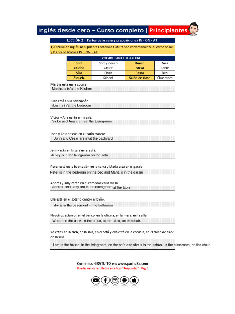 Lección 2 - Partes de La Casa y Preposiciones in On at | PDF