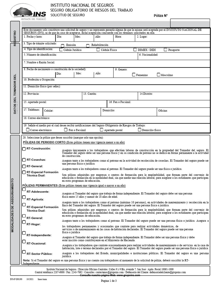 Solicitud Poliza INS Riesgo Trabajador | PDF | Póliza de seguros | Seguro