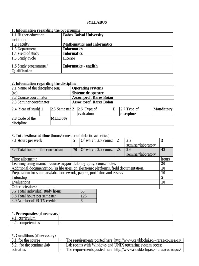 Operating Systems Course Syllabus | PDF | Operating System | Process ...
