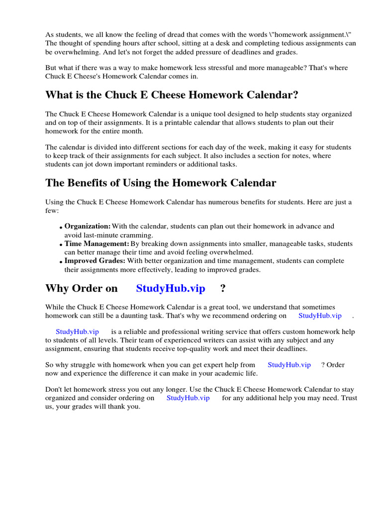 Chuck e Cheese Homework Calendar | PDF | Homework | Http Cookie