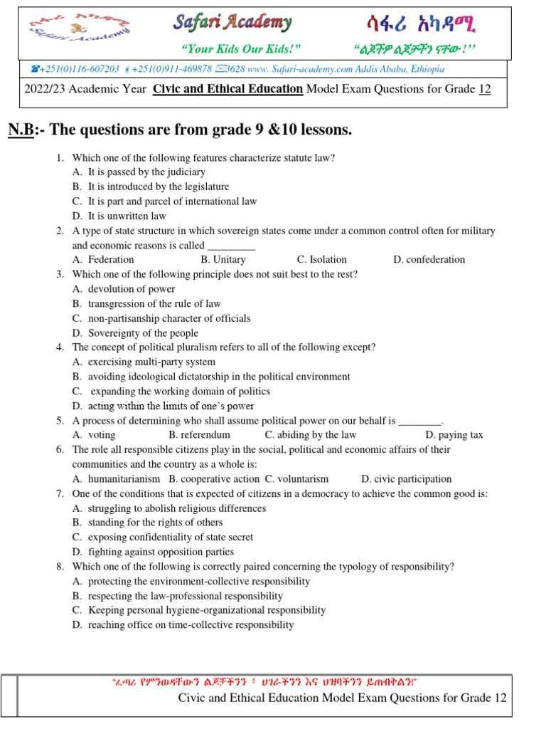 Civic and Ethical Education Model Exam Questions | Download Free PDF ...