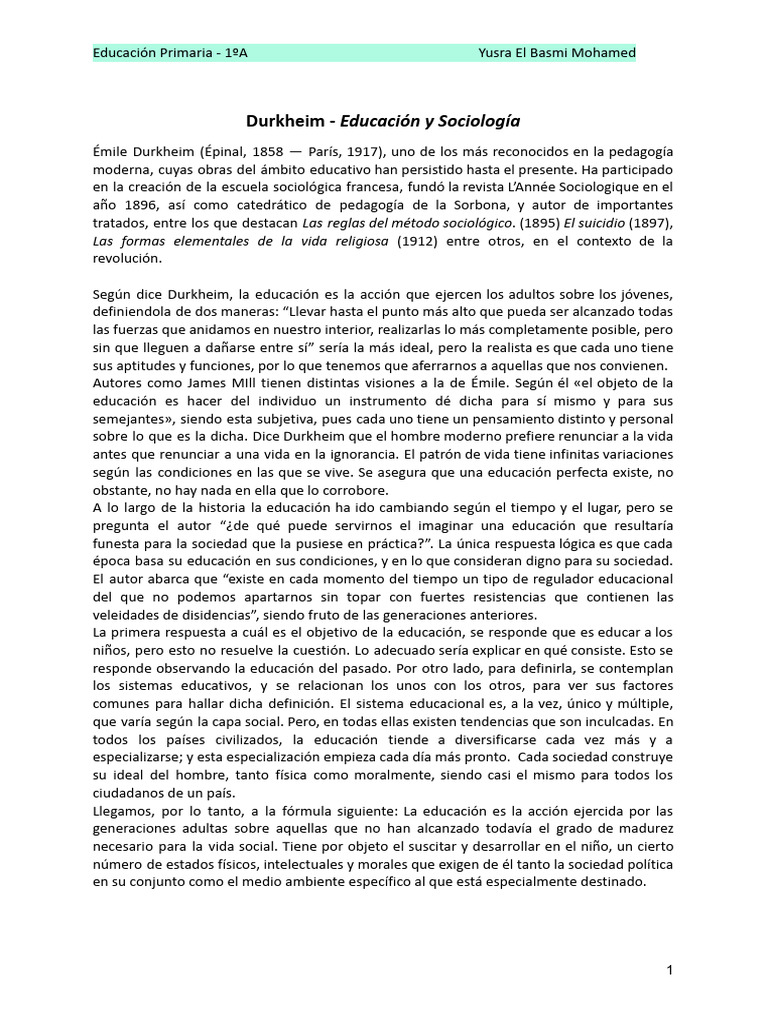 Durkheim - Educación y Sociología | PDF | Emile Durkheim | Sociedad