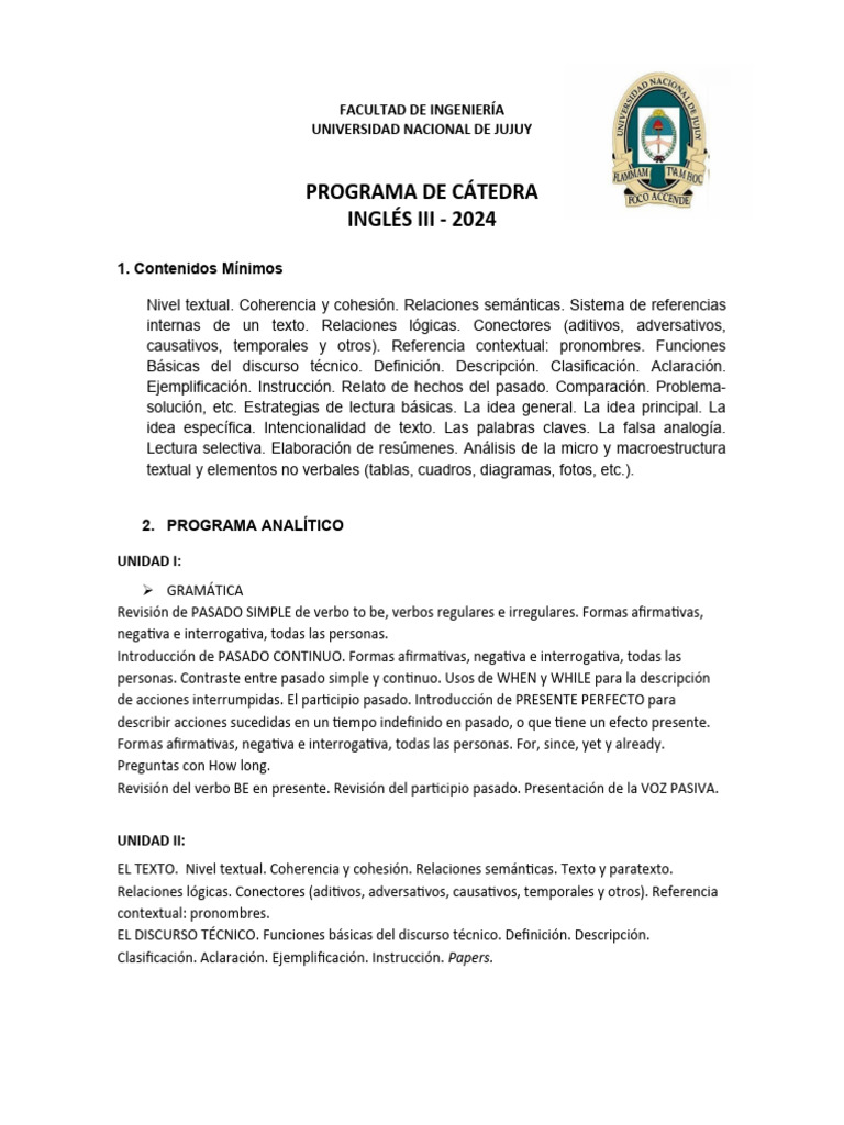 Programa Ingles III - TUDIVJ - UNJu Facultad de Ingenieria 2024 | PDF | Verbo | Gramática