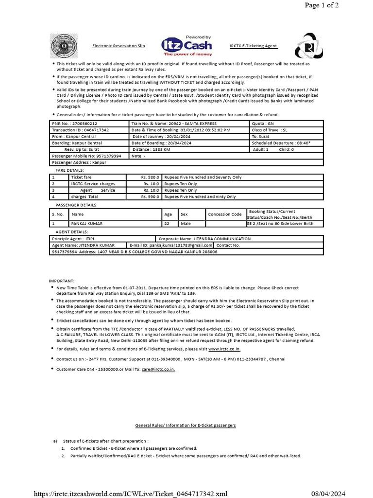 Irctc Sample Train Ticket PDF Free | PDF | Identity Document