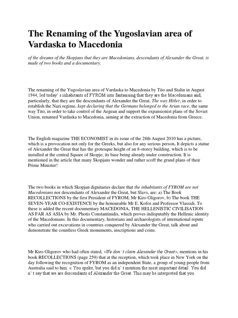 The Renaming of The Yugoslavian Area of Vardaska To Macedonia | PDF ...