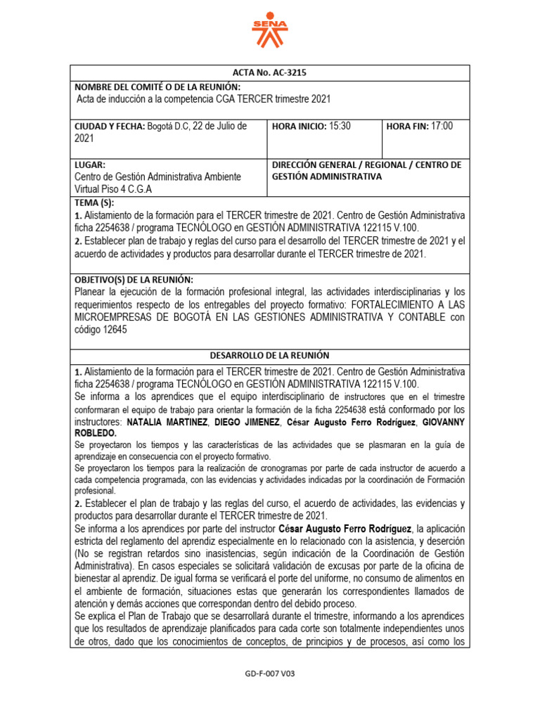 GD-F-007 - Formato - de - Acta - Inducción - 3215 2254638 | PDF | Aprendizaje | Modificación de ...