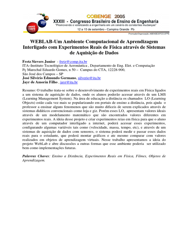 WEBLAB-Um Ambiente Computacional de Aprendizagem Interligado Com Experimentos Reais de Física ...