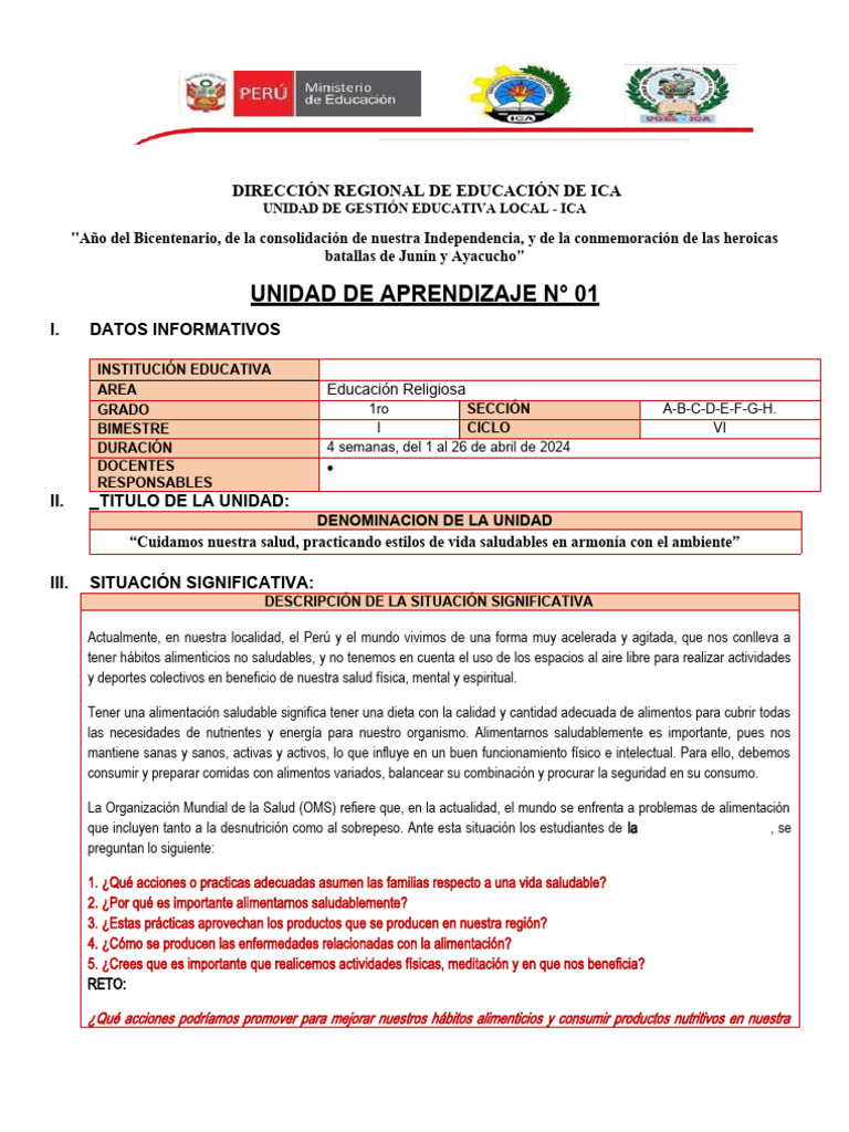 UNIDAD DE APRENDIZAJE_2024_1ro | PDF | Evaluación | Aprendizaje