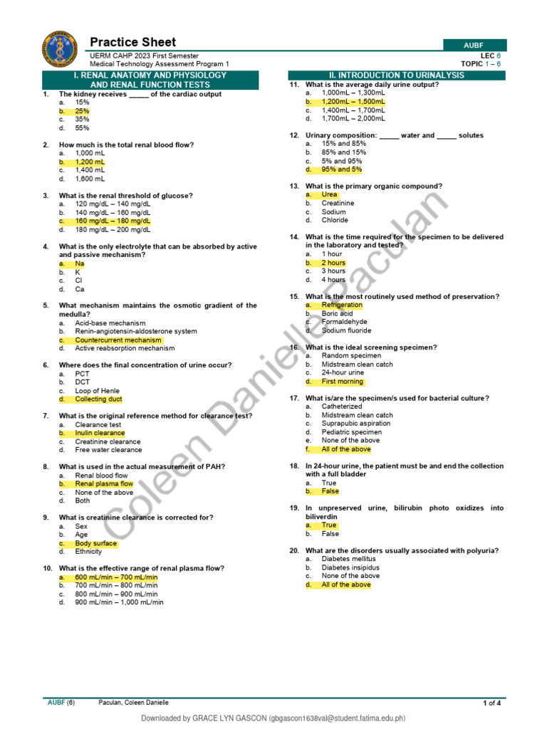 URINALYSIS PRACTICE QUIZ | PDF | Kidney | Urinary System