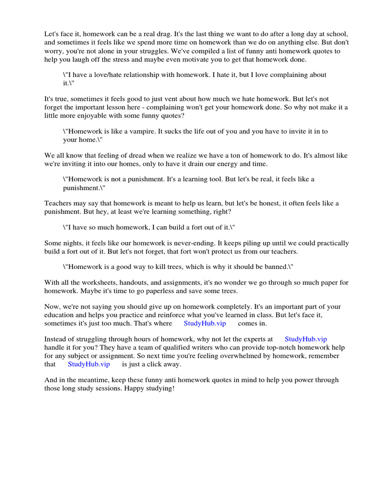 Funny Anti Homework Quotes | PDF | Homework | Laughter