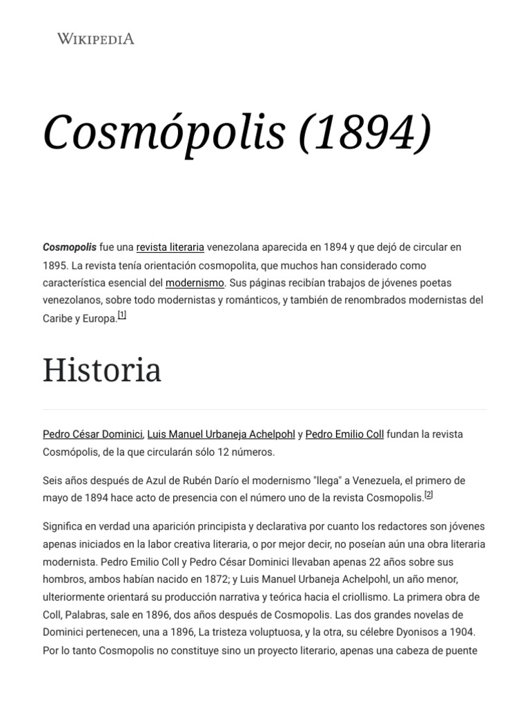 Cosmópolis (1894) - Wikipedia, La Enciclopedia Libre | PDF | Literatura latinoamericana ...