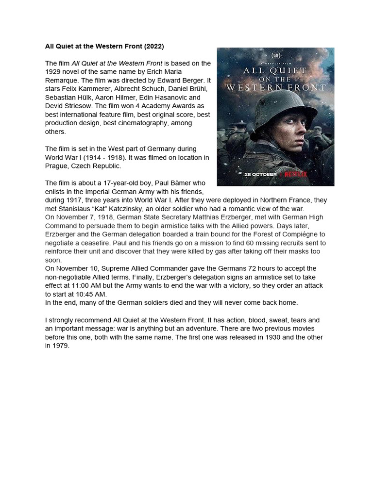 All Quiet Western Front 2022 Film Review | PDF