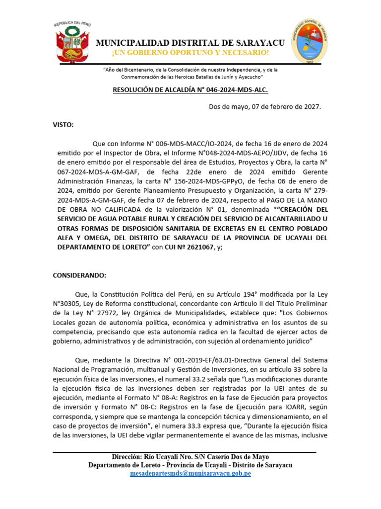 Resolucion Alcaldia #046-Mds-Alc, Valorizacion #01 de Obra Alfa y Omega-Mds | PDF | Gobierno ...