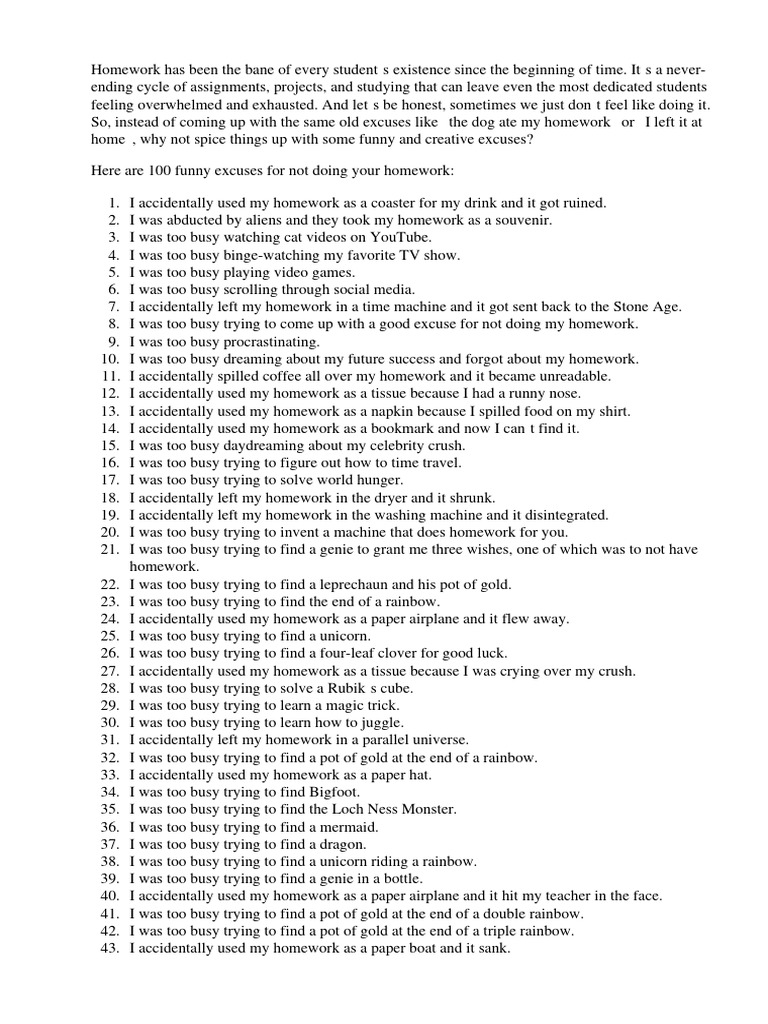 100 Funny Excuses For Not Doing Your Homework | PDF | Homework ...