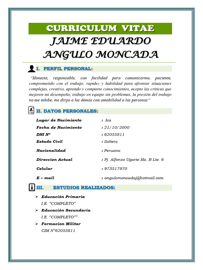 CV - Jaime Eduardo Angulo Moncada | PDF | Documento de identidad