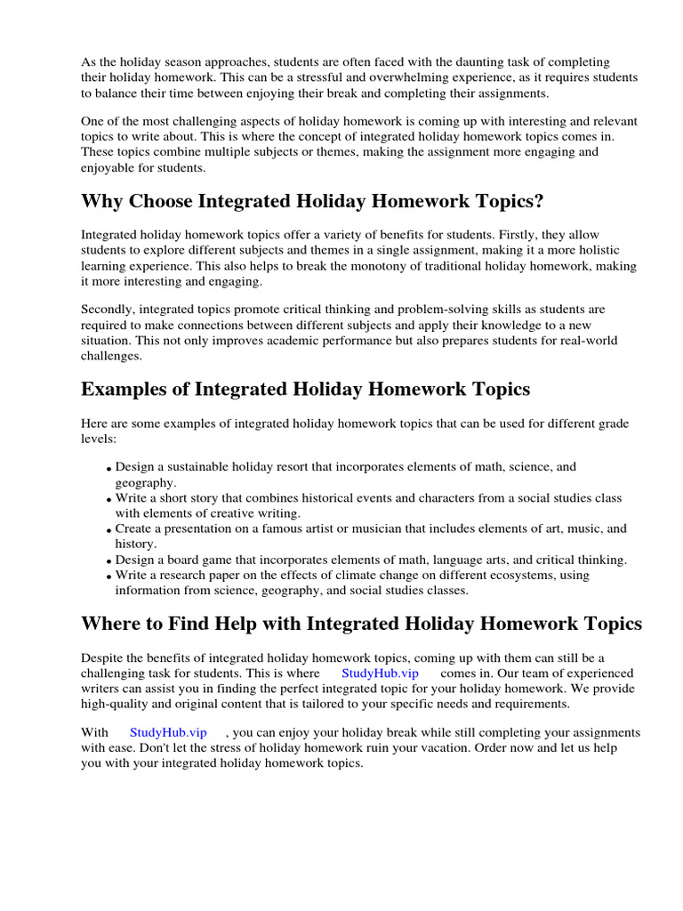 Integrated Holiday Homework Topics | PDF | Homework | Learning