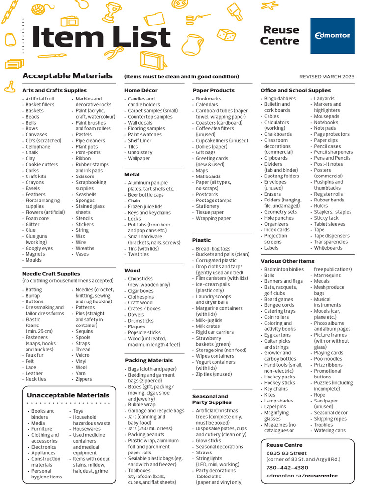 Reuse Centre Acceptable Items Brochure | PDF | Yarn | Knitting