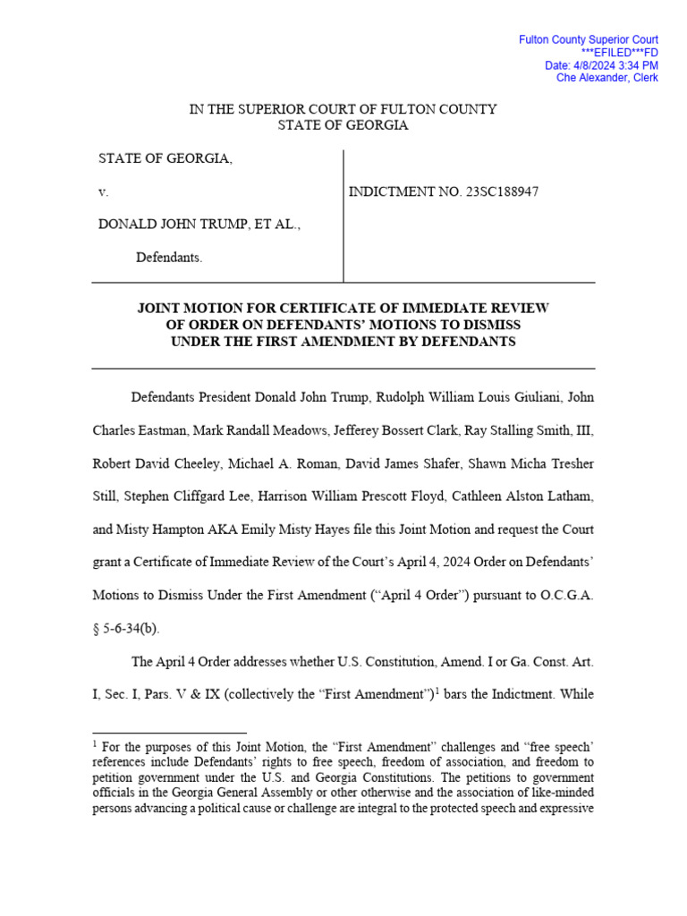 Joint Motion For Certificate of Immedia... The First Amendment by ...