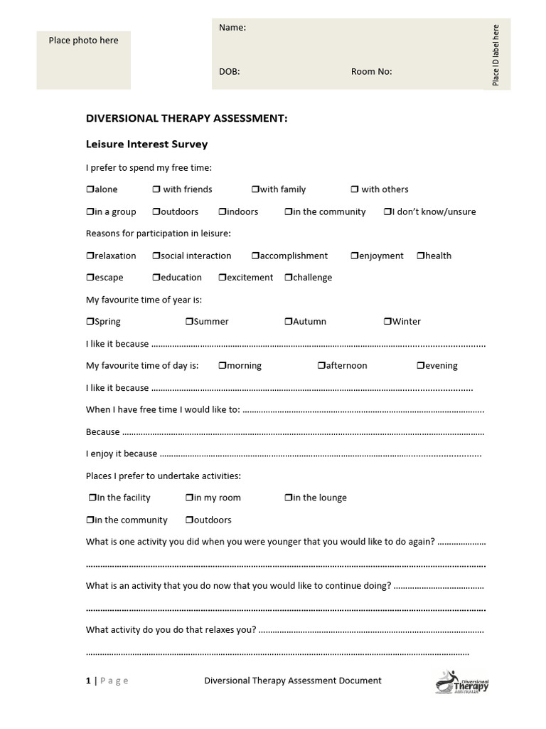 Diversional Therapy Leisure Survey 1 | PDF