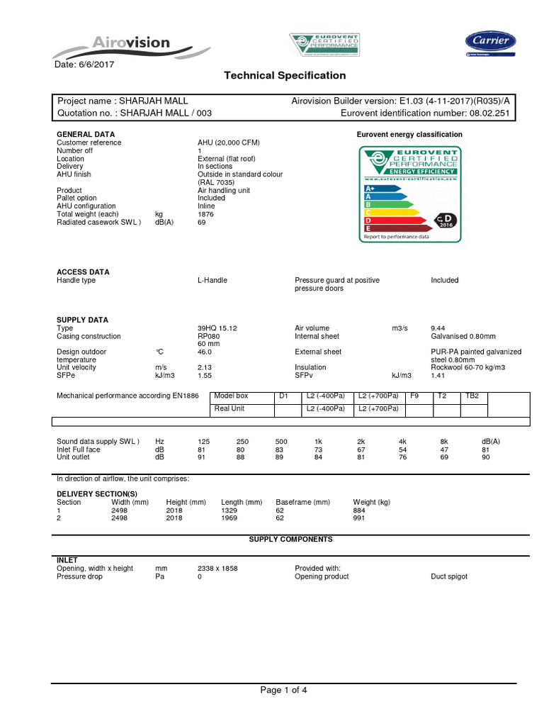 20,000 CFM Air Handling Unit Specs | PDF | Pressure | Pipe (Fluid ...