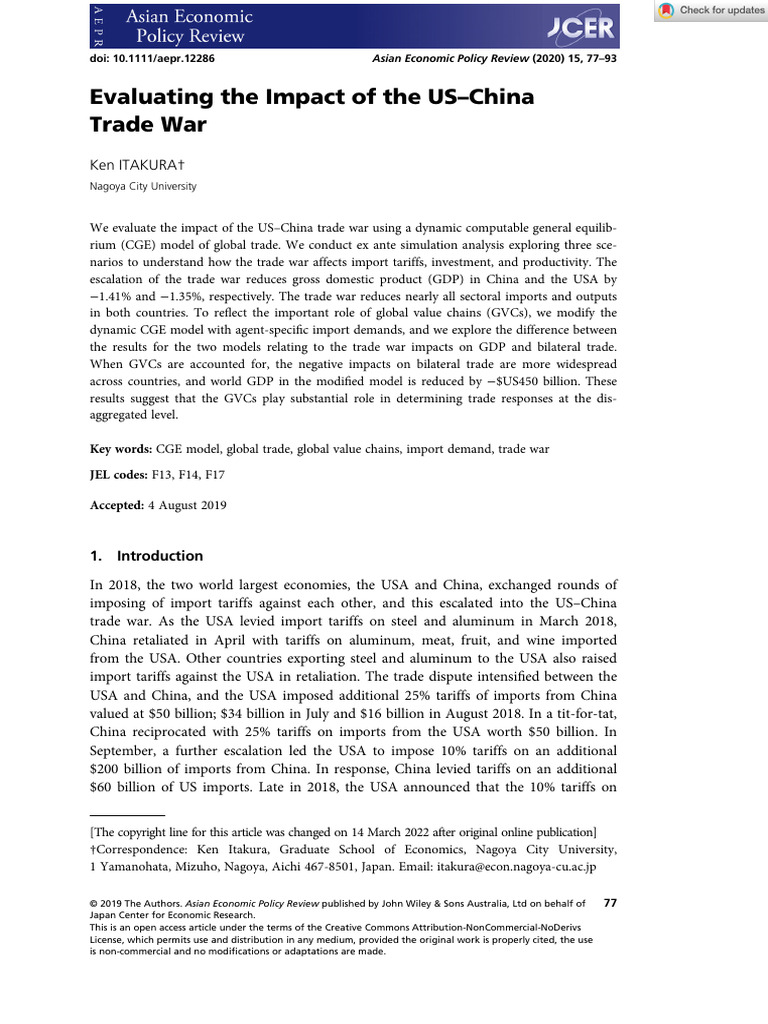 Asian Economic Policy Review - 2019 - Itakura - Evaluating The Impact of The US China Trade War ...