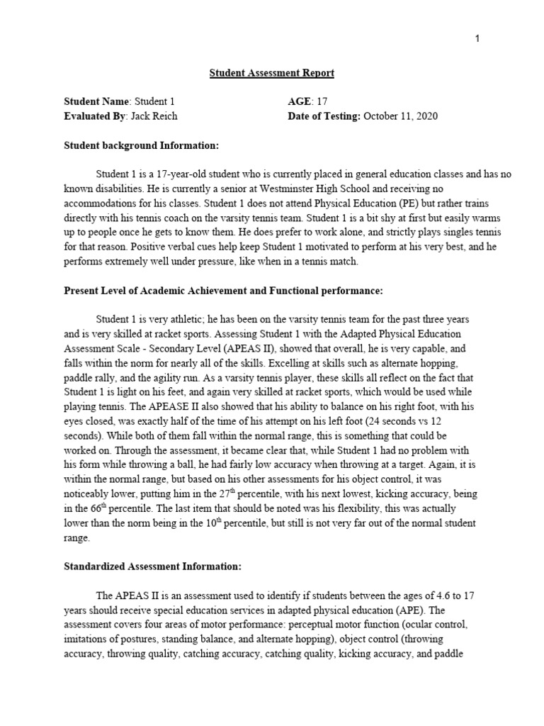 jack reich - student assessment report - renamed student1 | PDF ...