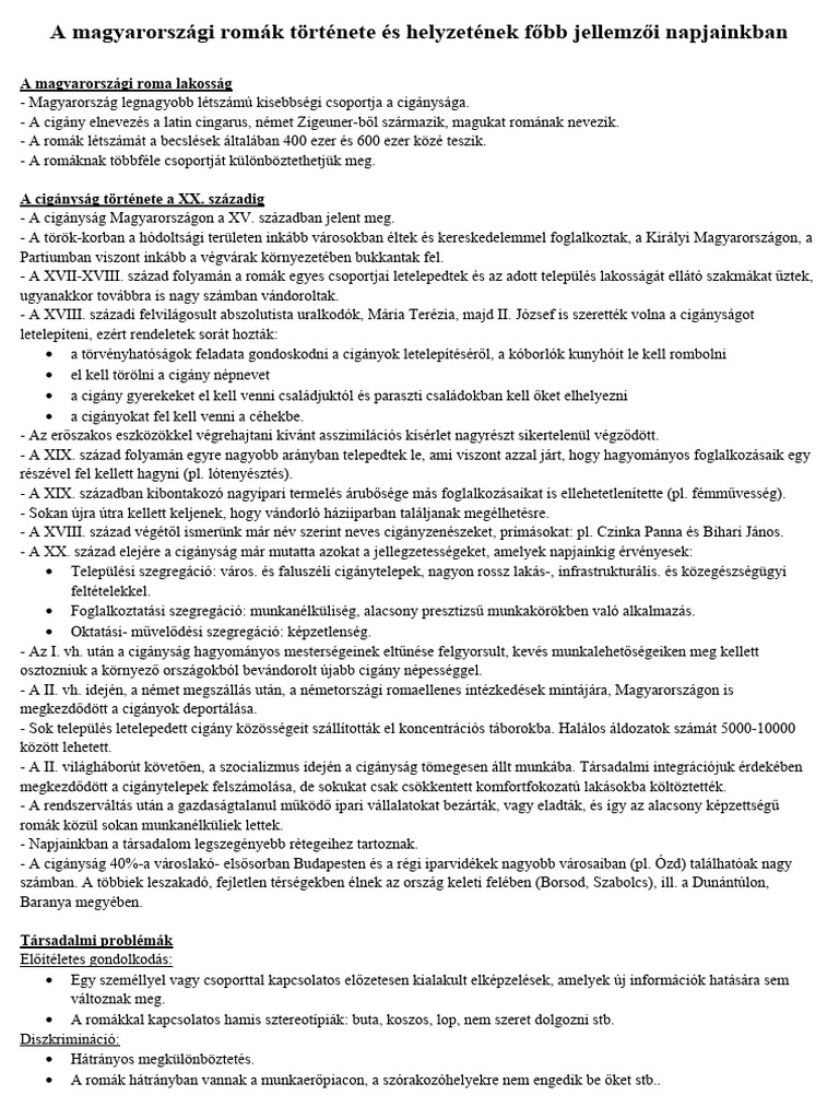 10.tétel A Magyarországi Romák Története És Helyzetének Főbb Jellemzői ...