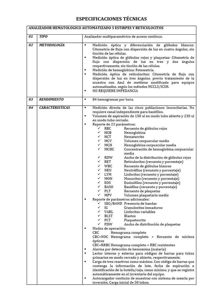 Especificaciones del Analizador Cell-Dyn | PDF | Hematología | Biología