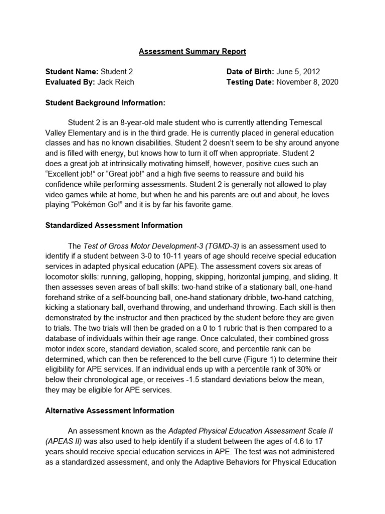 Student 2 Assessment Summary Report | PDF | Standard Deviation | Percentile