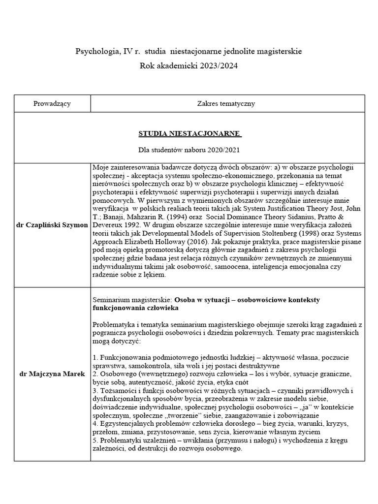 Zakres Tematyczny Psychologia 2023 2024 - Niestacjonarne-1 | PDF