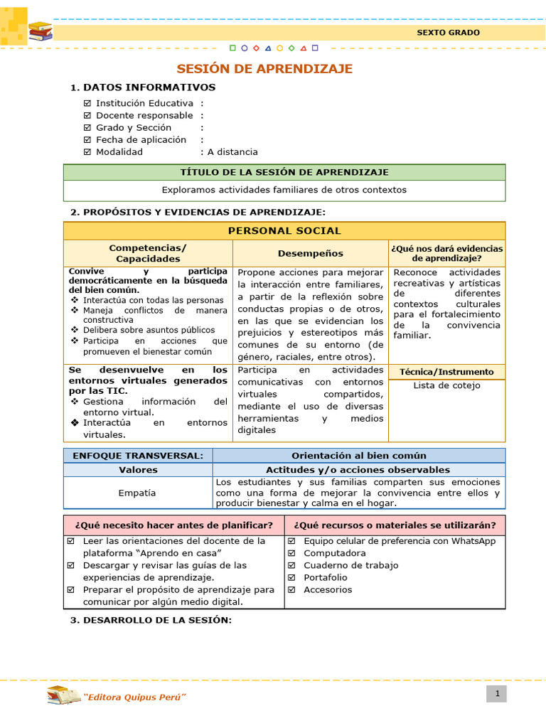 8.- Sesión de Aprendizaje 08 - Experiencia de aprendizaje 2 (1) (1) | PDF | Aprendizaje | Maestros