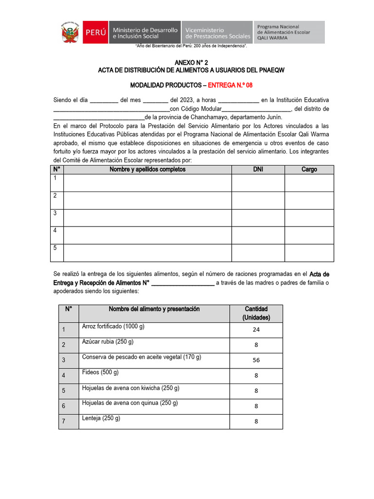 8º Acta de Distribucion de Alimentos CCNN | PDF 8º Acta de Distribucion de Alimentos CCNN | PDF