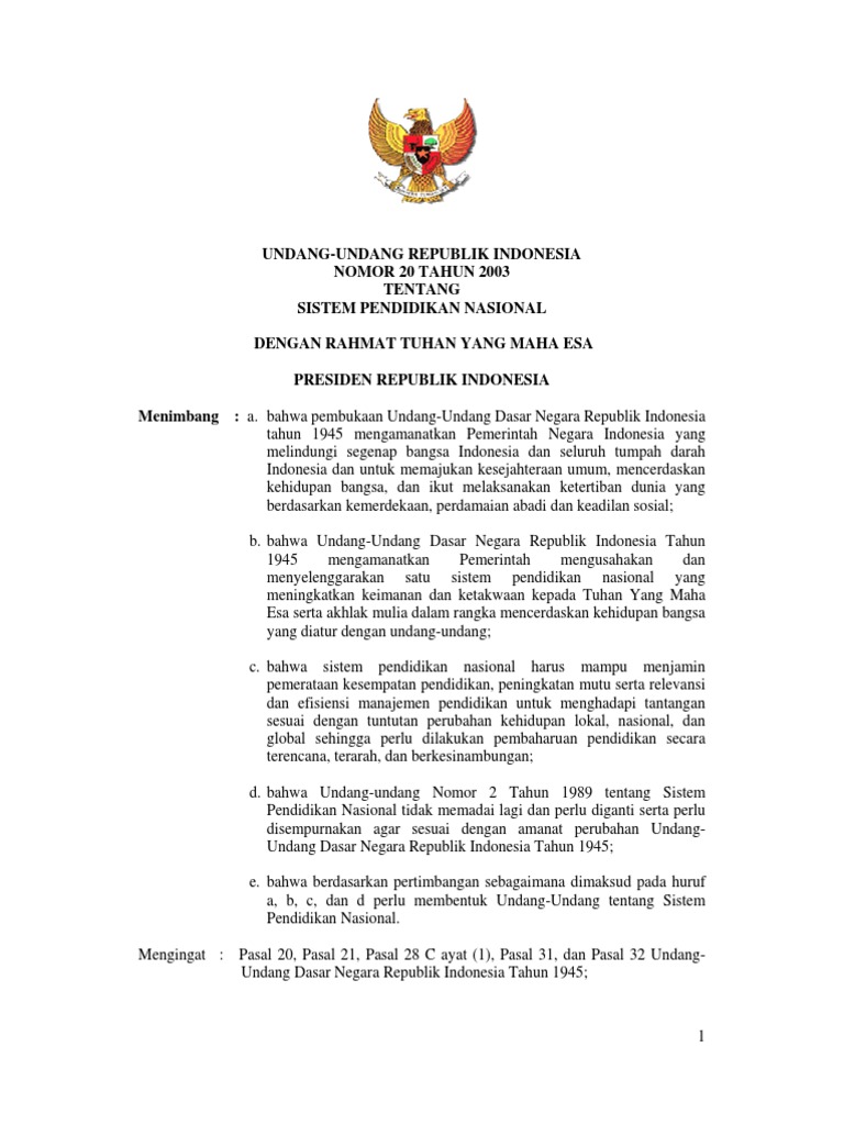 Undang-Undang Sistem Pendidikan Nasional | PDF
