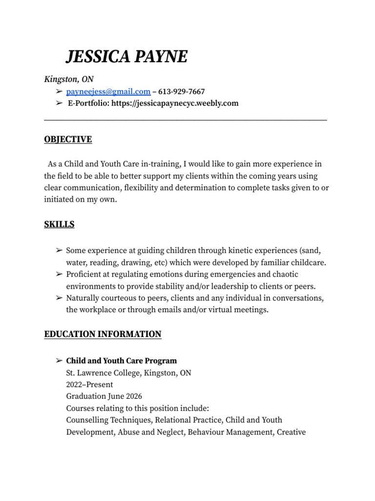 Child and Youth Care Resume of Jessica Payne | PDF | Behavioural ...