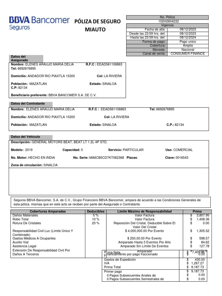 Póliza de Seguro Auto Bancomer Amplia | PDF | Póliza de seguros