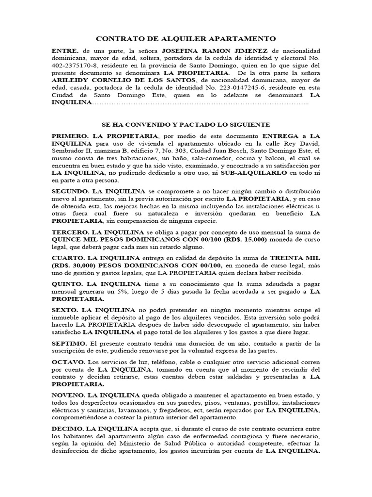 CONTRATO DE ALQUILER Danal | PDF | Apartamento | República Dominicana