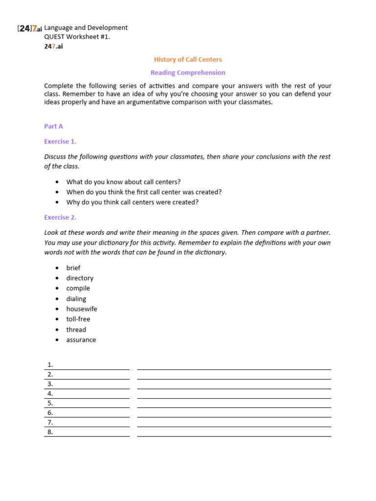 Call Center History and Development Worksheet | PDF | Cognition | Human ...