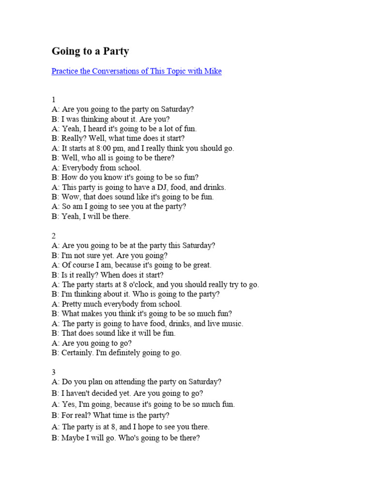 Dialogue Going To Parties Conversation Topics Dialogs - 36361 | PDF | Art