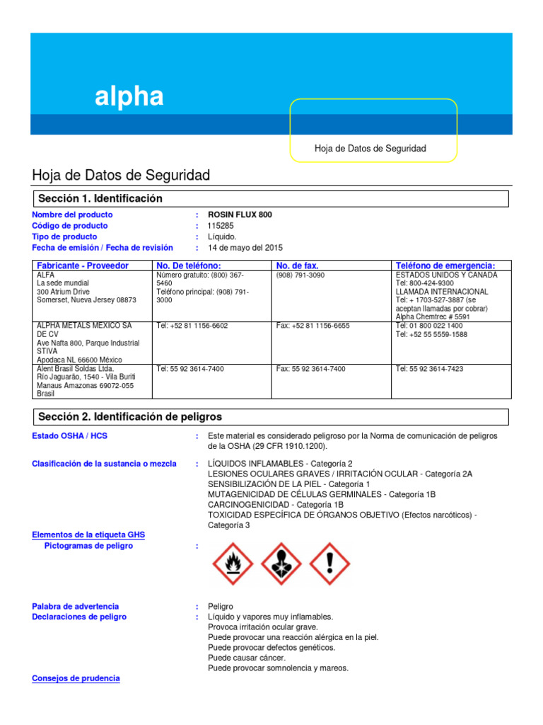 Hoja de Datos: Rosin Flux 800 | PDF | Contaminación | Agua
