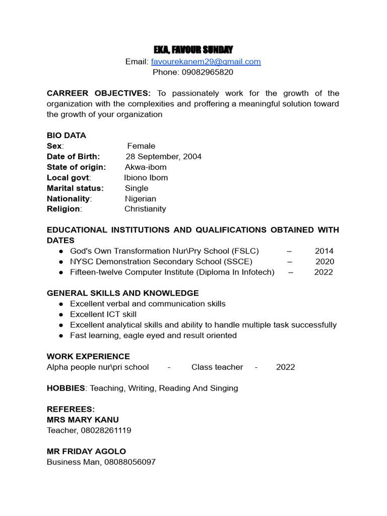 Favour Eka CV | PDF | Career & Growth | Wellness