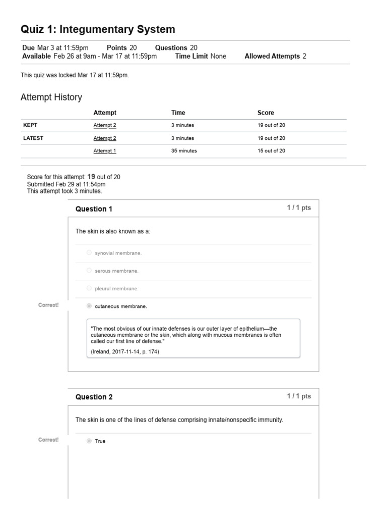 Integumentary System Quiz Results | PDF | Skin | Epidermis