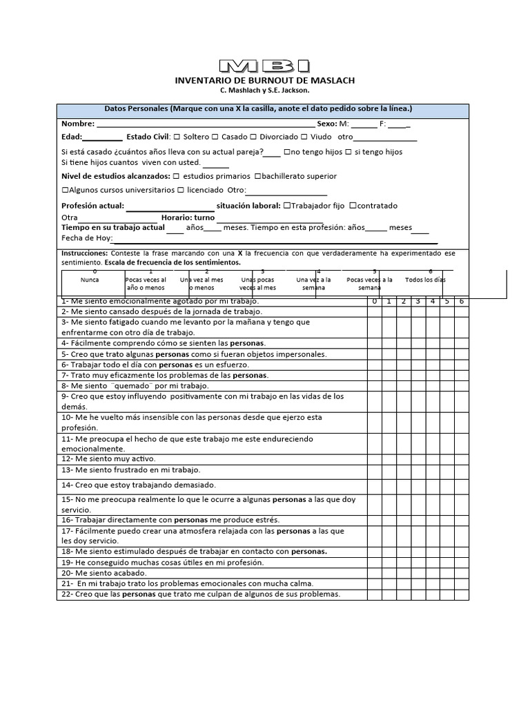Inventario de Burnout de Maslach: C. Mashlach y S.E. Jackson | PDF ...