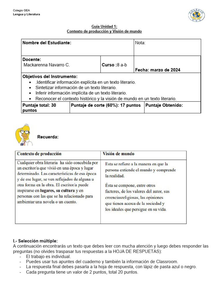 Guía 1 Evaluada Unidad 1 - 8vo | PDF | Amor
