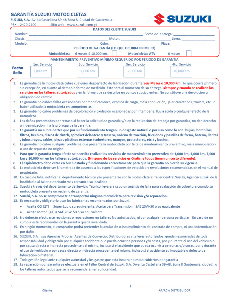 GARANTÍA SUZUKI MOTOCICLETAS (Certificado) | PDF | Motocicleta | Coche