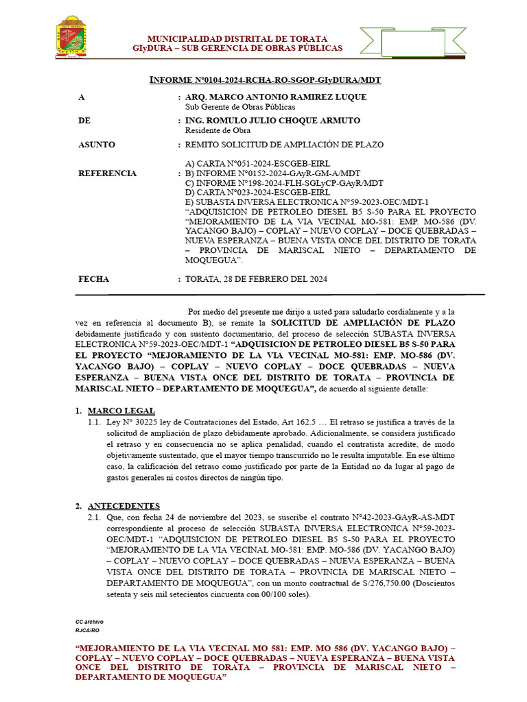 INFORME Nº055- SOLICITO AMPLIACION DE PLAZO DE SUBASTA INVERSA N°59-2023-OEC-MDT-1 | PDF ...