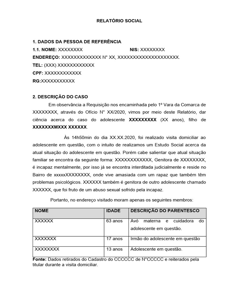 Modelos de Relatorio Social de Visita Domiciliar Destituicao Do Poder ...