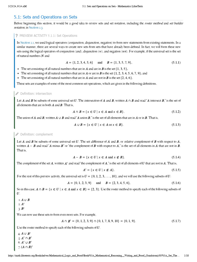 5.1 - Sets and Operations On Sets - Mathematics LibreTexts | PDF | Set ...