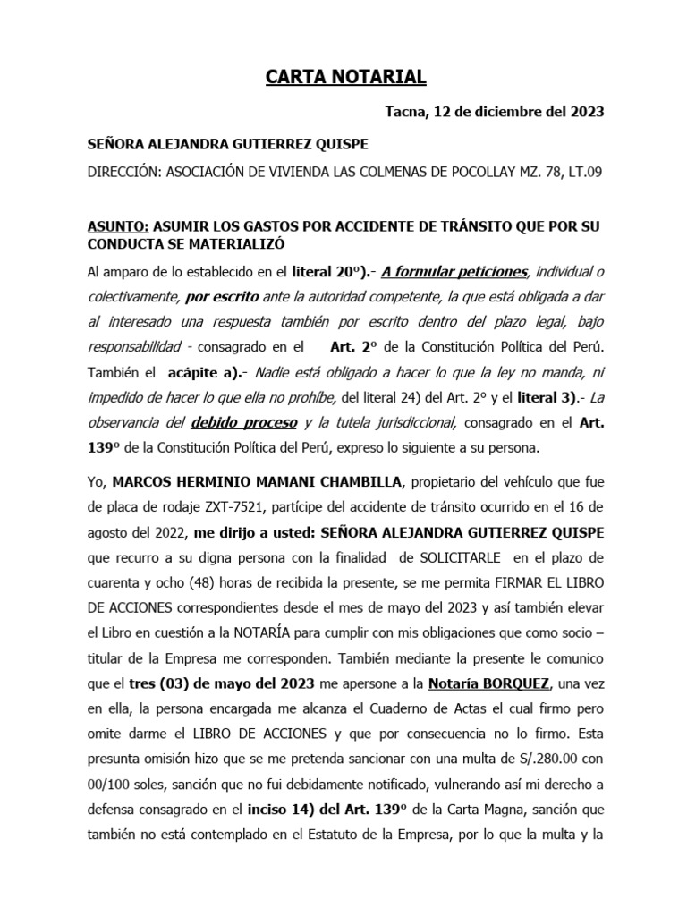 CARTA NOTARIAL_MARCELINO_VANESA | PDF | Daños y perjuicios | Gobierno