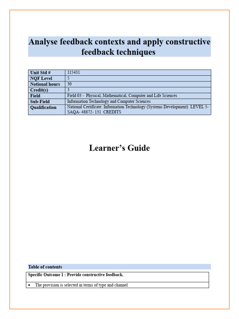 SAQA - 115431 - Learner Guide | PDF | Communication | Thought